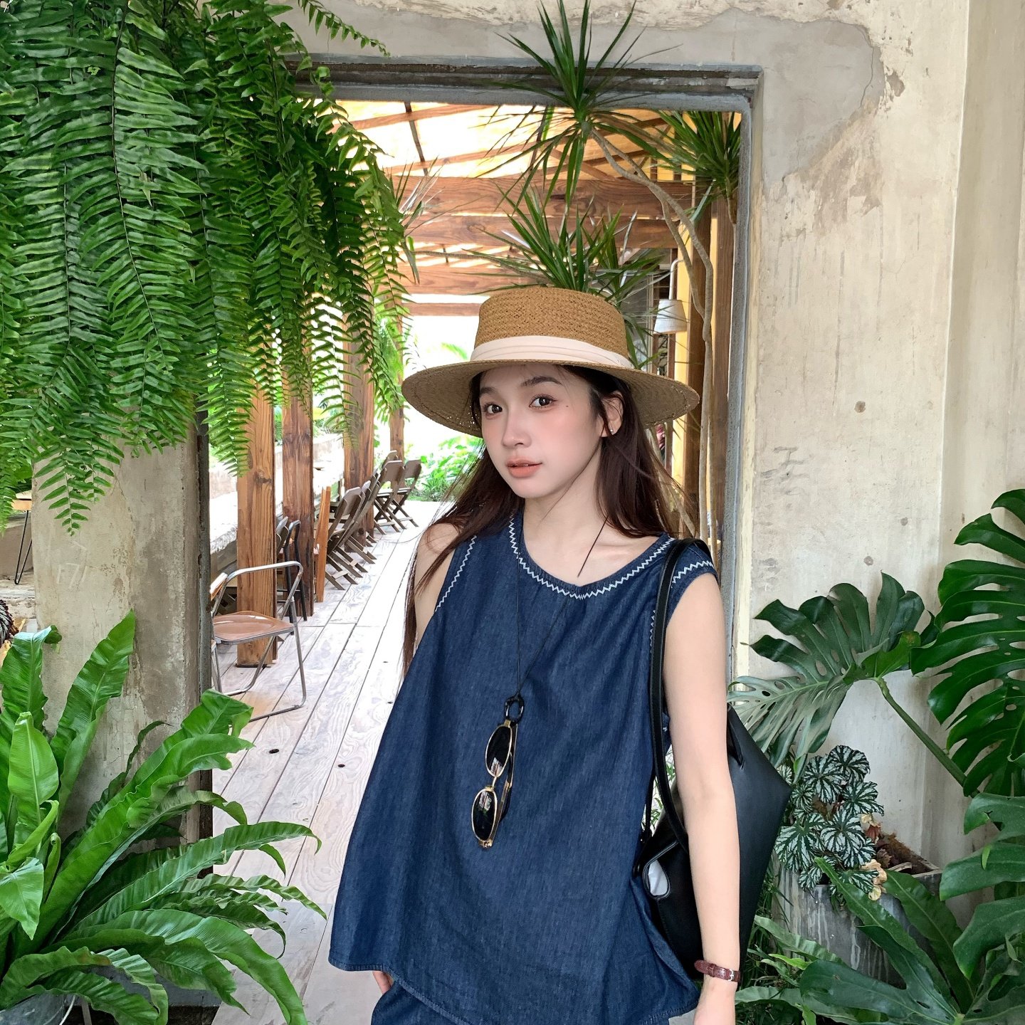 实拍 复古松弛感牛仔套装女夏季新款简约圆领背心短裤两件套