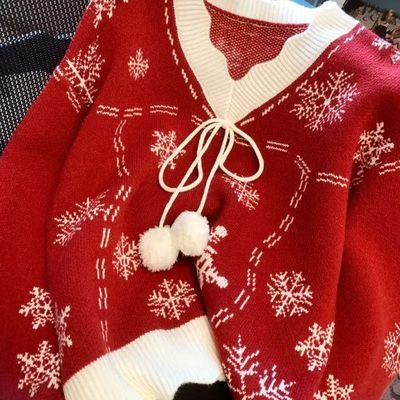 Christmas Snowflake Sweater Women Jumper Bow V Neck Long Sle