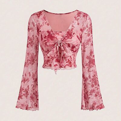 Summer Women's Y2k Floral Printed Sweet V-Neck T-shirts Mesh