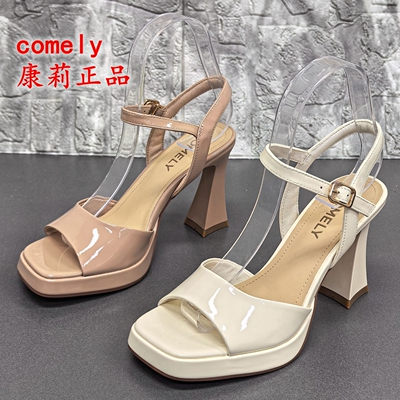comely康莉正品撤柜夏季露趾粗高跟防水台真皮百搭一字扣女凉鞋潮