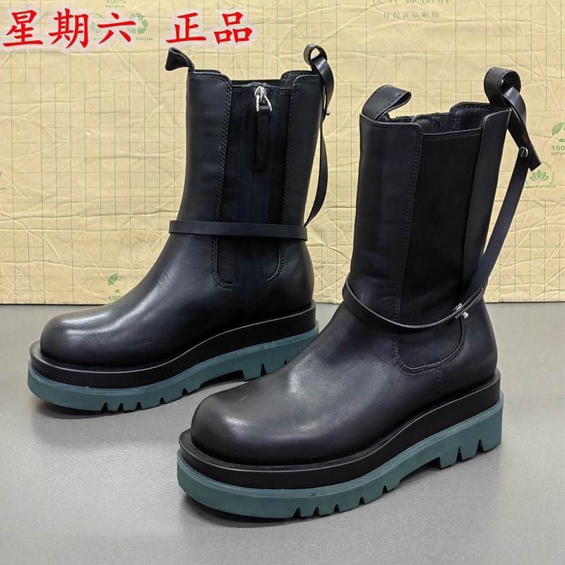 星期六正品撤柜处理圆头时尚厚底轻便百搭真皮中筒切尔西靴女短靴