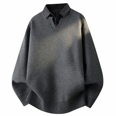 侨迪蒙拉2025秋冬季男士假两件高端针织衫保暖衬衫领加厚潮流毛衣