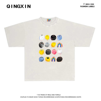 QINGXIN 美潮街头简约不撞衫搞怪圆蛋印花短袖T恤情侣款男女