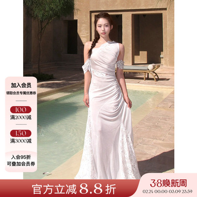 Tension Archive 25ss不规则斜肩细闪蕾丝镂空抽褶半袖针织连衣裙