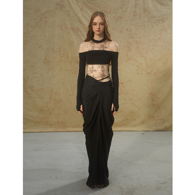 Deplumer 小立领拼纱长袖露肩上衣设计感不规则修身显瘦半身长裙