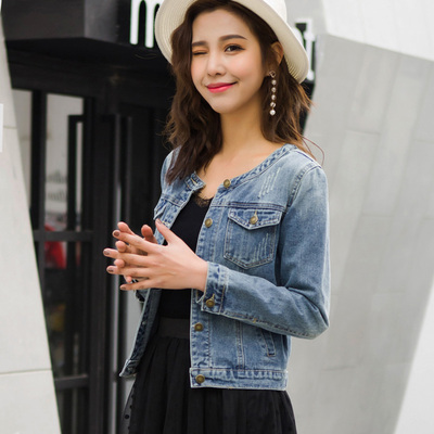 圆领短款牛仔外套正肩修身