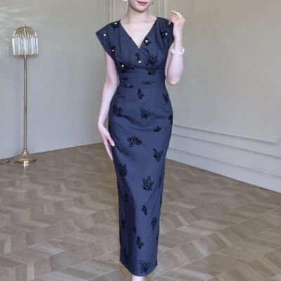 【十六原创】蝴蝶飞舞·灰优雅时尚夏季修身女装连衣裙连衣裙5106