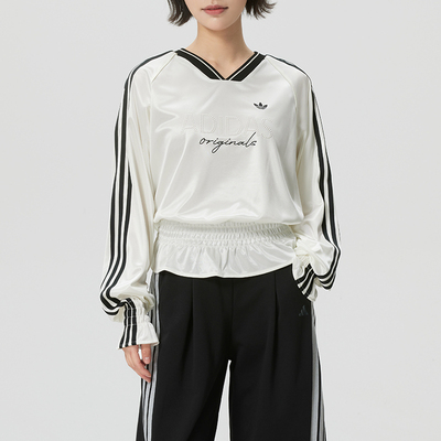正品ADIDAS阿迪达斯三叶草女简约百搭V领运动休闲长袖T恤KS2879