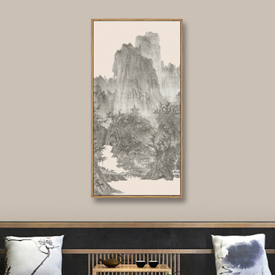 李成晴峦萧寺图新中式山水画装饰画现代客厅玄关竖版走廊壁画挂画