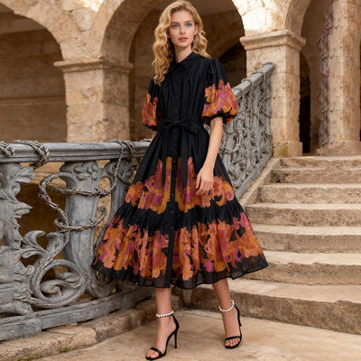 甜美风色系印花收腰泡泡袖长裙2025秋季翻领款花卉连衣裙女裙棉涤