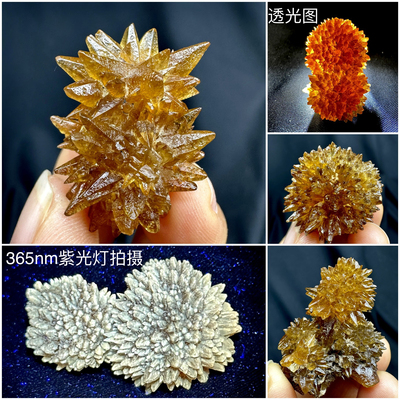 贵州花型针状荧光磷光琥珀方解石天然矿物晶体矿石标本摆件教学