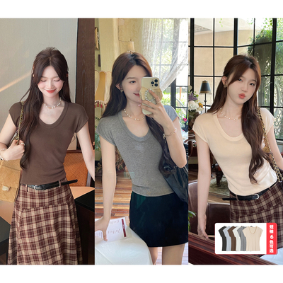 TAKIYAS SHOP 多色大U领短袖针织衫