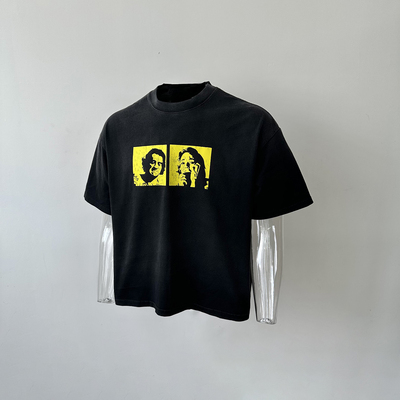 Basic annals美式复古做旧水洗短袖T恤小领口上衣人像龟裂boxyfit