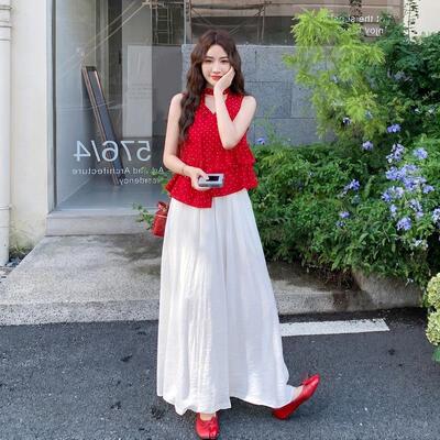 韩系温柔风红无色袖上衣C525-T86套白色阔腿裤两件套夏女季新款显