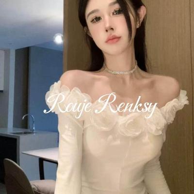 法国rouje renksy法式纯欲风立体玫瑰花性感露肩一字T恤上衣女春