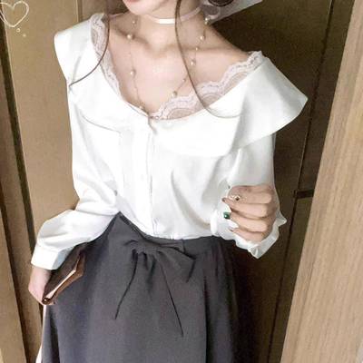 韩国高级感蕾丝拼接娃娃领衬衫女秋季2025新款荷叶边设计长袖上