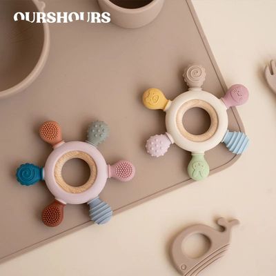 1pc Food Grade Baby Silicone Teether Rudder Shape Wooden Rin