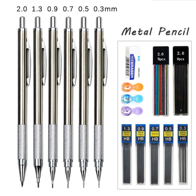 Metal Mechanical Pencil Set 0.3 0.5 0.7 0.9 1.3 2.0mm Lead R