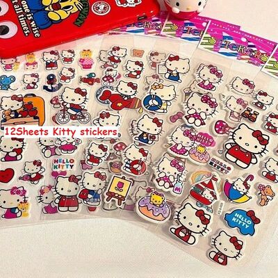 12Steets Cute Hello Kitty Bubble Stickers Kawaii Three-Dimen