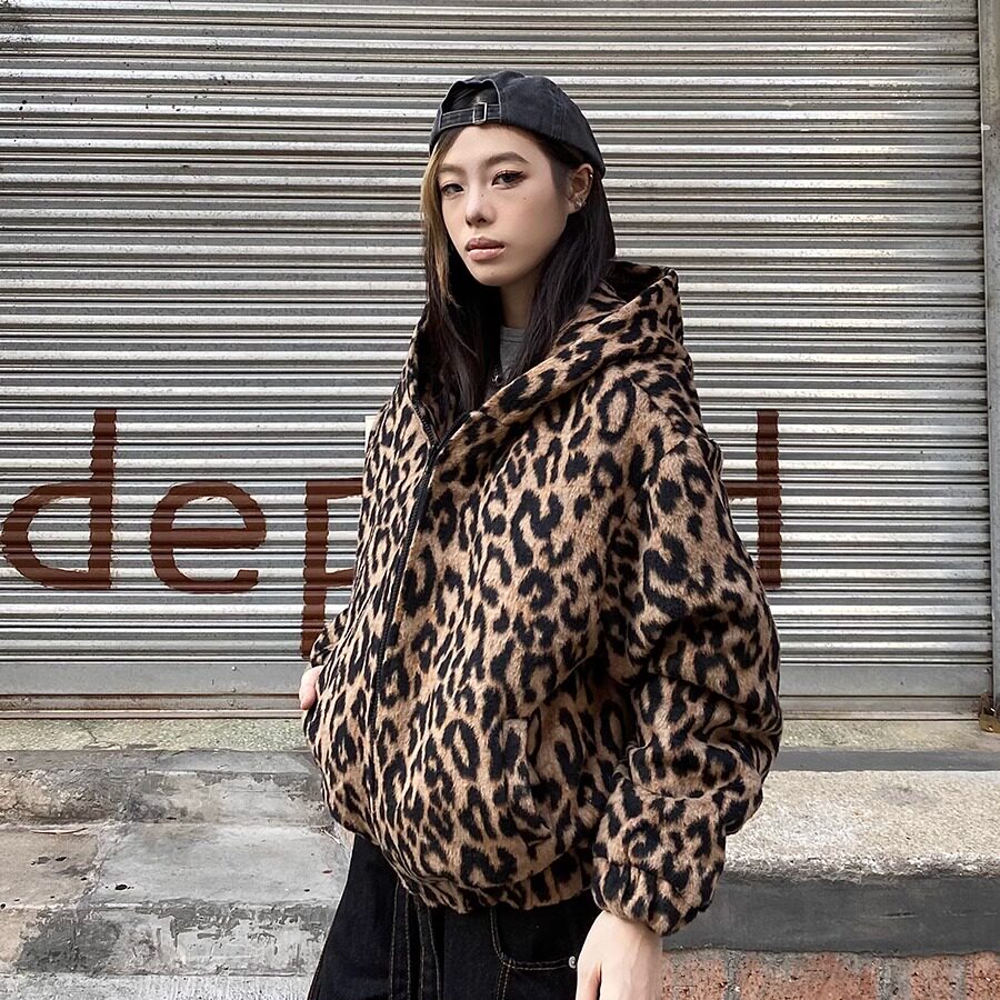 GGBAI 美式国潮豹纹高街小众连帽外套痞帅冬季棉服高级感夹克男女