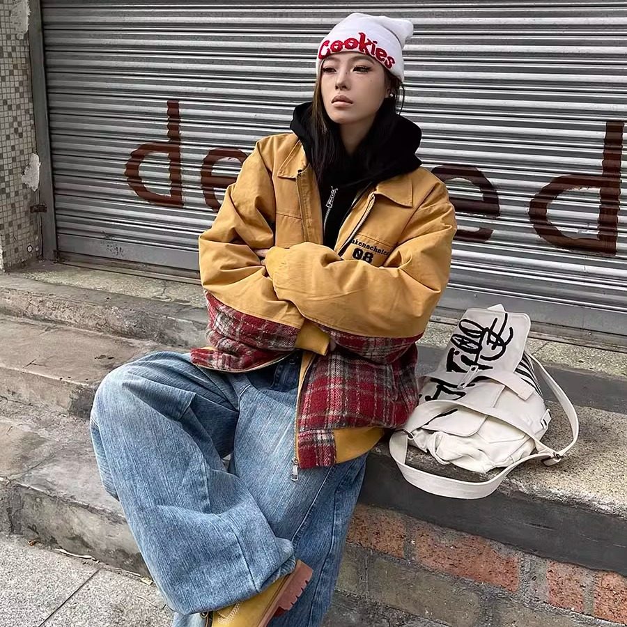 GGBAI 美式复古格子拼接撞色翻领外套宽松ins情侣夹克上衣秋冬潮