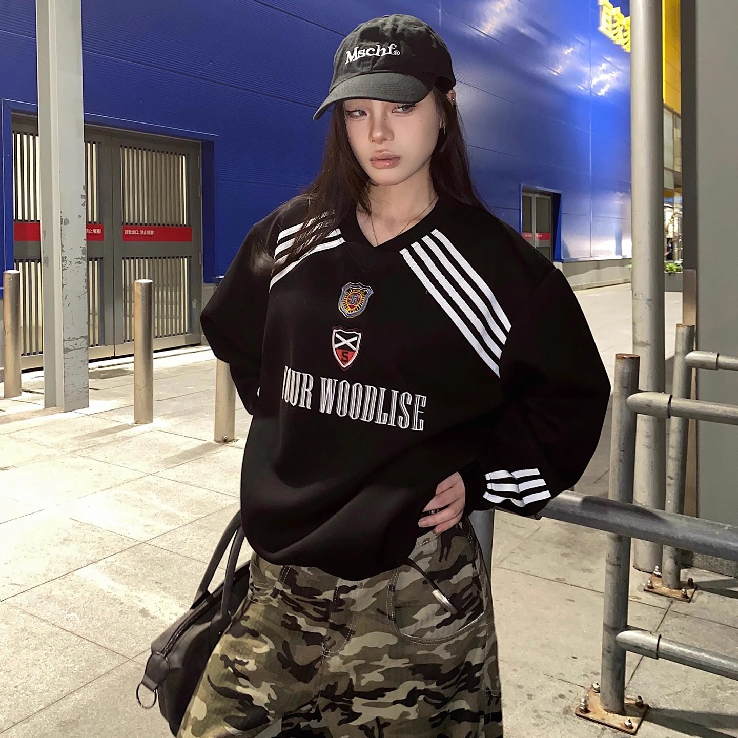 GGBAI 美式复古球衣长袖卫衣男女运动风薄款卫衣宽松休闲上衣情侣