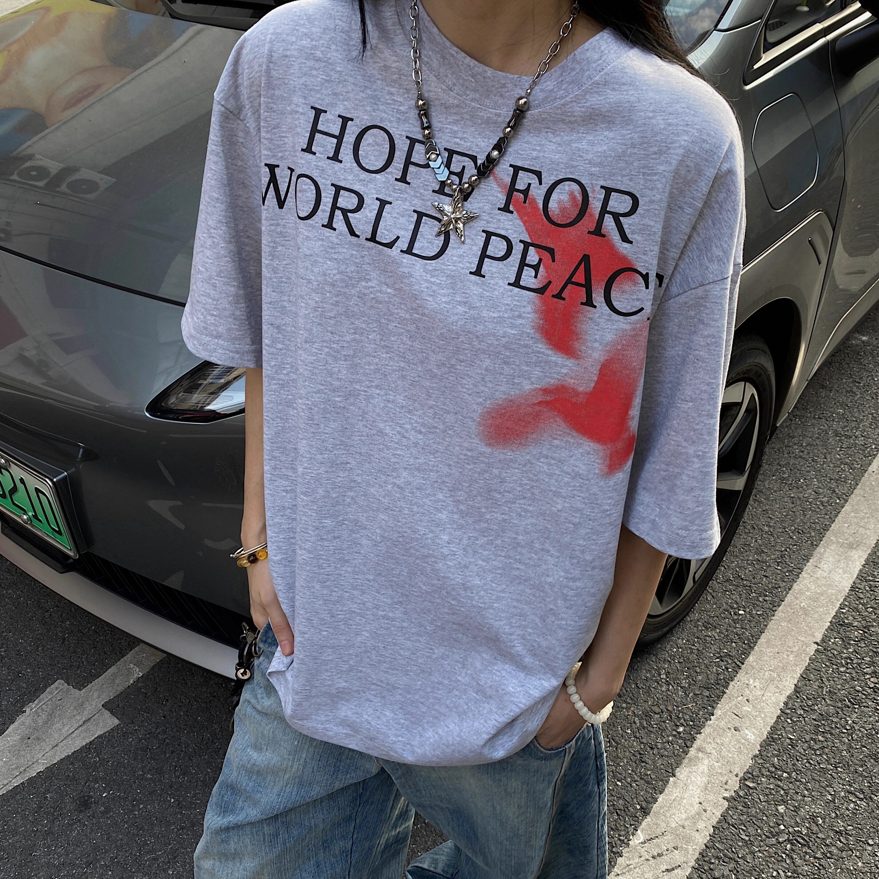 GGBAI 美式复古短袖T恤男女夏季宽松字母印花百搭情侣半袖上衣ins