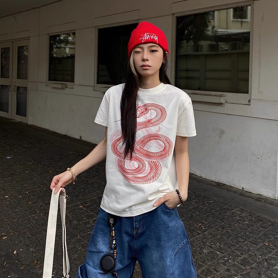 GGBAI 美式复古蛇纹印花圆领短款百搭短袖男女2025夏季新款正肩款