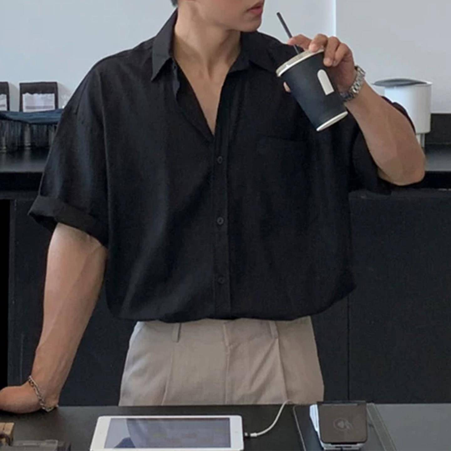 Upscale潮人 薄款棉麻咖色短袖衬衫男士夏季复古老钱风高级感衬衣