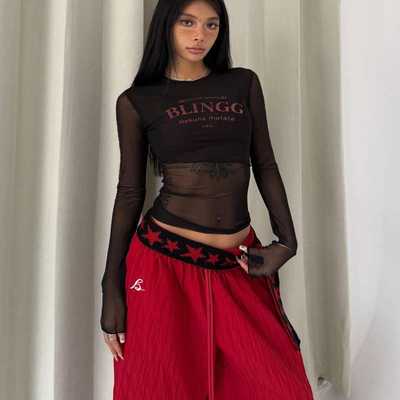 美式复古显瘦爵士辣妹印花网纱拼接长袖T恤嘻哈女团纯欲风上衣潮