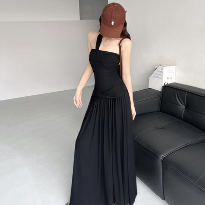 清冷女主~多穿row风飘带连衣裙修身收腰大摆拖地长裙黑色礼服裙子