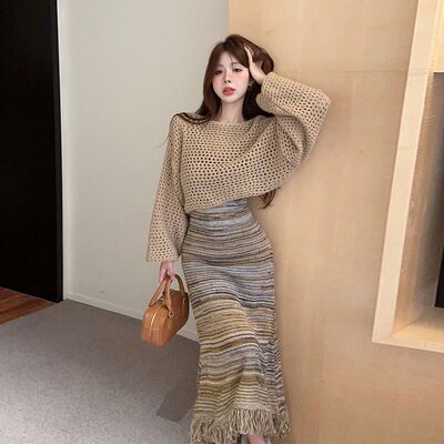 美拉德穿搭内搭毛衣包臀长裙套装