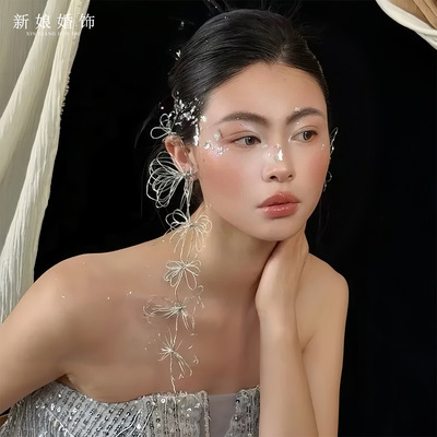 法式新娘耳环复古金属不对称铁丝编织耳饰高级感婚纱礼服摄影饰品