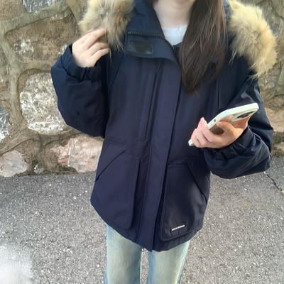 美式复古时尚毛领派克服棉服女