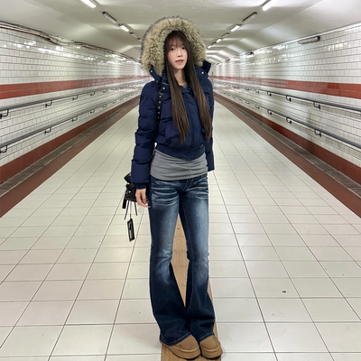 连帽毛领时尚短款系扣拉链棉服女