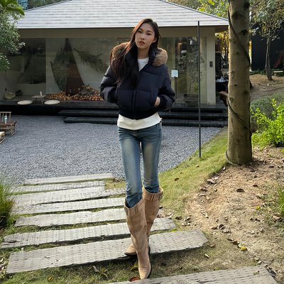 美式辣妹复古毛领收腰短款棉服女