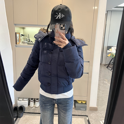 美式复古毛领收腰系扣短款棉服女