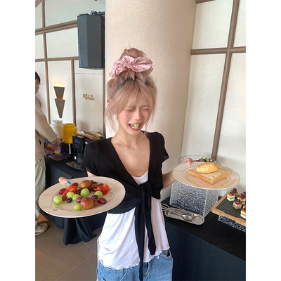 NECOYEP美式纯色短款针织绑带开衫女宽松休闲百搭慵懒设计感上衣