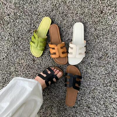 牛皮一字拖鞋外穿女夏季森系复古圆头日常百搭平底H拖鞋休闲凉拖