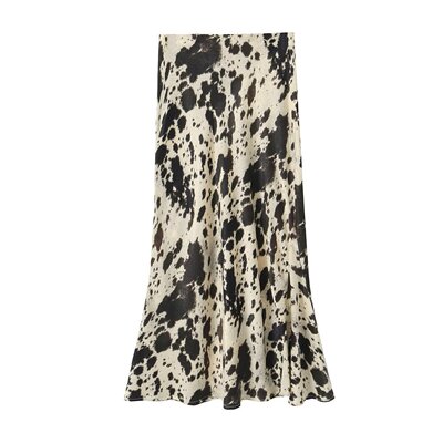 Women's Versatile Animal Print Silk Satin Textured Midi Skir