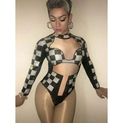 Fashion Crystals Black White Grid Rhinestone Leotard Celebra