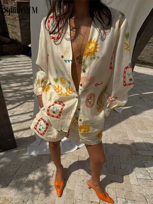 Holiday Print Elastic Waist Pocket Shorts Suit Women Causal