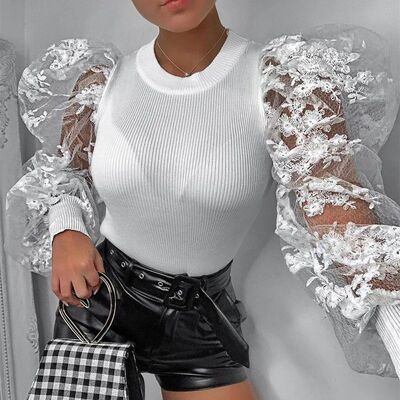 Patchwork Lace Puff Sleeve Blouse Shirts Women O Neck Fashio