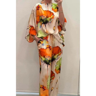 Conjuntos Para Mujeres 2 Piezas Women Printed Satin Two-piec