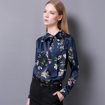 100% Silk Blouse Women Pullovers Shirt Printed Vintage Desig