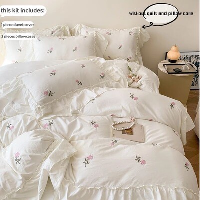 3pcs Rose Embroidered Duvet ver Set (1*Duvet ver + 2*Pillowc