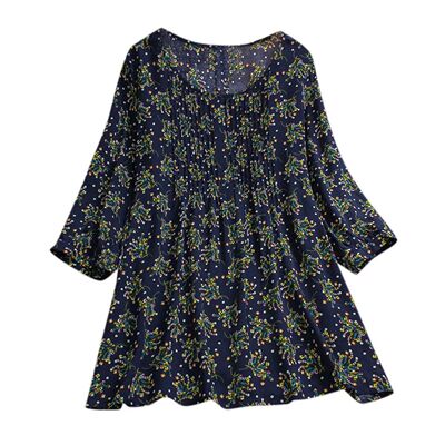 Round Neck Womens Casual Plus Size Loose Linen Sleeve Print