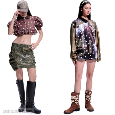越在线越南小众Heartburn波点露脐上衣短裙/复古风印花长袖衫