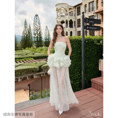 越在线越南小众ameliee新款女神蕾丝拼接抹胸蛋糕长裙连衣裙