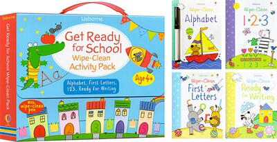 英文原版 Get Ready for School Wipe Clean Activity Pack 4册盒装 擦写练习册 数字 字母 启蒙认知 Usborne